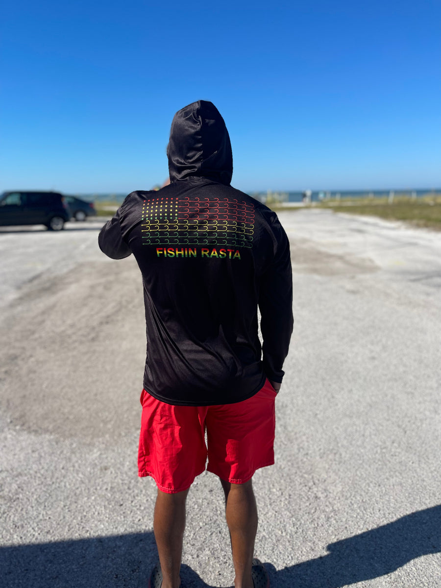 Fishin Rasta Long Sleeve Hooded Performance Shirt - Black